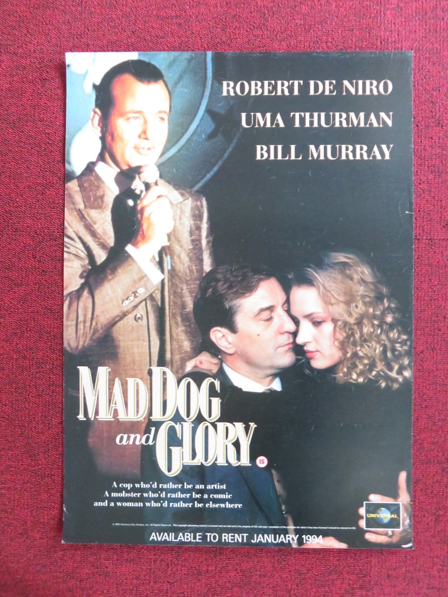 MAD DOG AND GLORY VHS VIDEO POSTER ROBERT DE NIRO UMA THURMAN BILL MUR ...