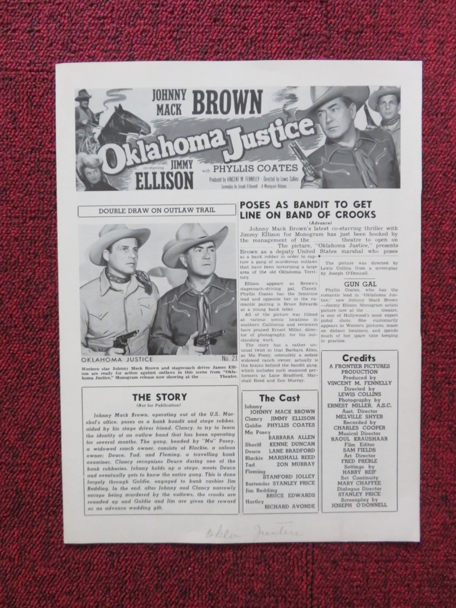 OKLAHOMA JUSTICE UNCUT PRESS BOOK JOHNNY MACK BROWN JIMMY ELLISON 1951 ...