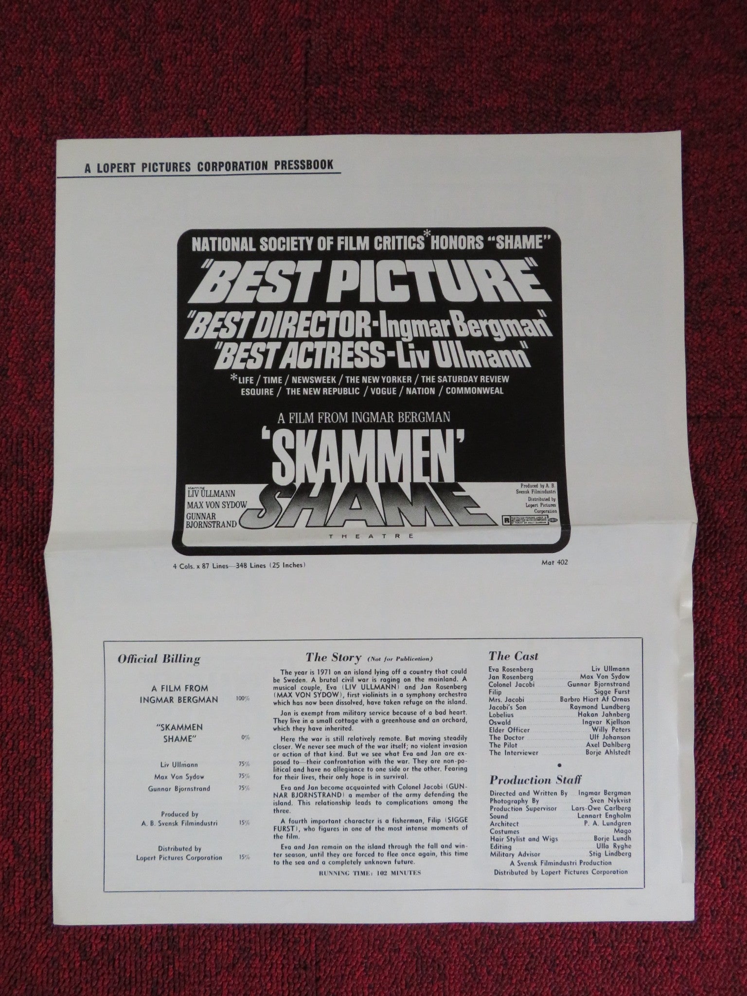 SHAME UNCUT LOPERT PICTURES FOLDED PRESS BOOK LIV ULLMAN MAX VON SYDOW ...