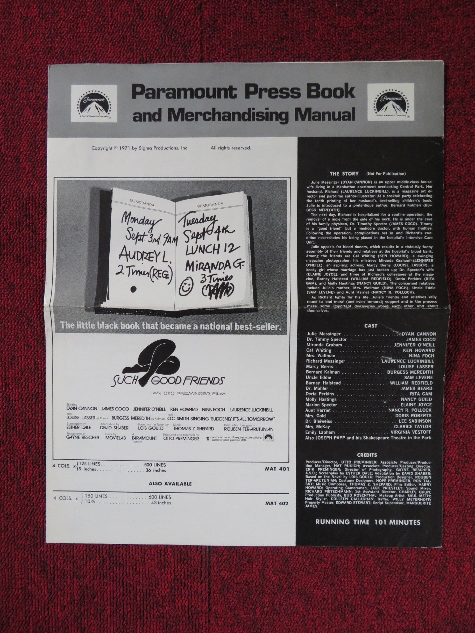 SUCH GOOD FRIENDS UNCUT PARAMOUNT FOLDED PRESS BOOK DYAN CANNON JAMES ...
